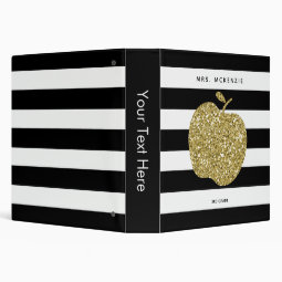 Gold Glitter Apple Black Stripes | Teacher Binder | Zazzle