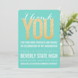 Gold Glitter Aqua Graduation Thank You Card | Zazzle