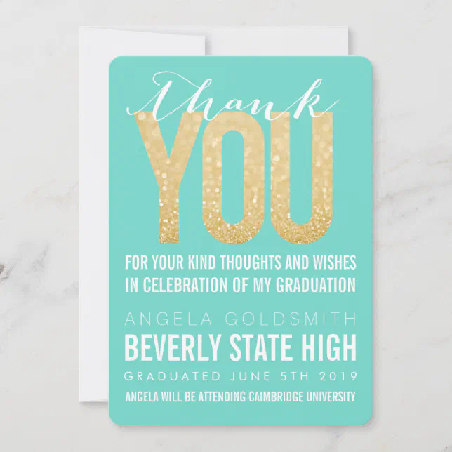 Gold Glitter Aqua Graduation Thank You Card | Zazzle