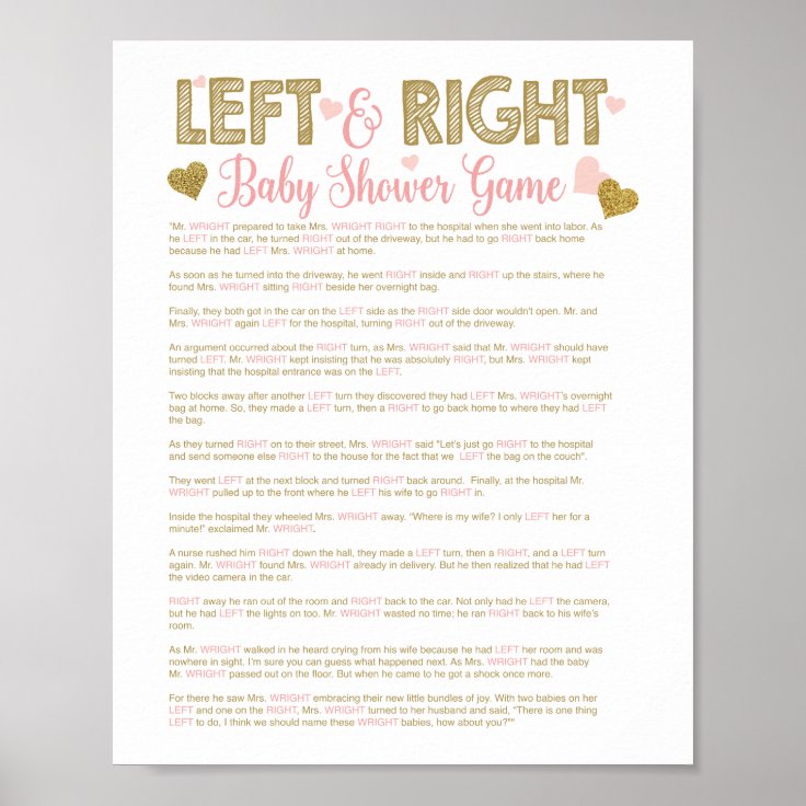 Gold Glitter Baby Shower Left Right Story Game Poster | Zazzle