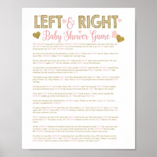 Gold Glitter Baby Shower Left Right Story Game Poster | Zazzle
