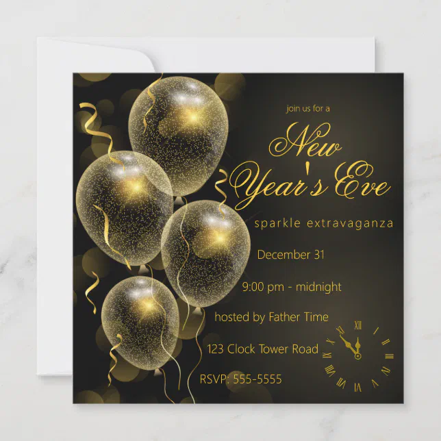 Gold Glitter Balloons Black New Year's Eve Party Invitation | Zazzle