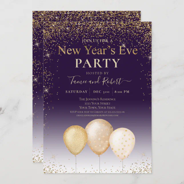 Gold Glitter Balloons Purple New Year's Eve Party Invitation | Zazzle