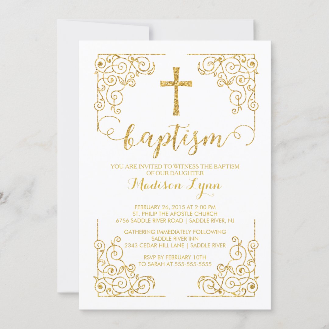 Gold Glitter Baptism Christening Cross Invitation | Zazzle