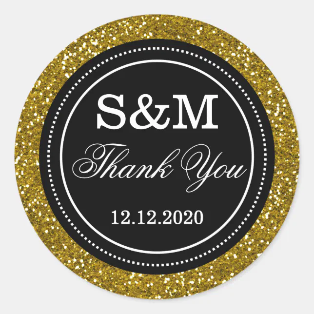 Gold Glitter Black And White Wedding Monogram Classic Round Sticker ...