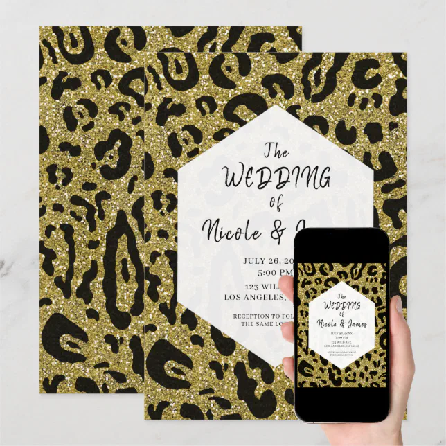 Gold Glitter Black Cheetah Leopard Chic Wedding Invitation | Zazzle