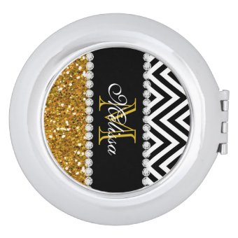 GOLD GLITTER BLACK CHEVRON MONOGRAMMED COMPACT MIRROR | Zazzle