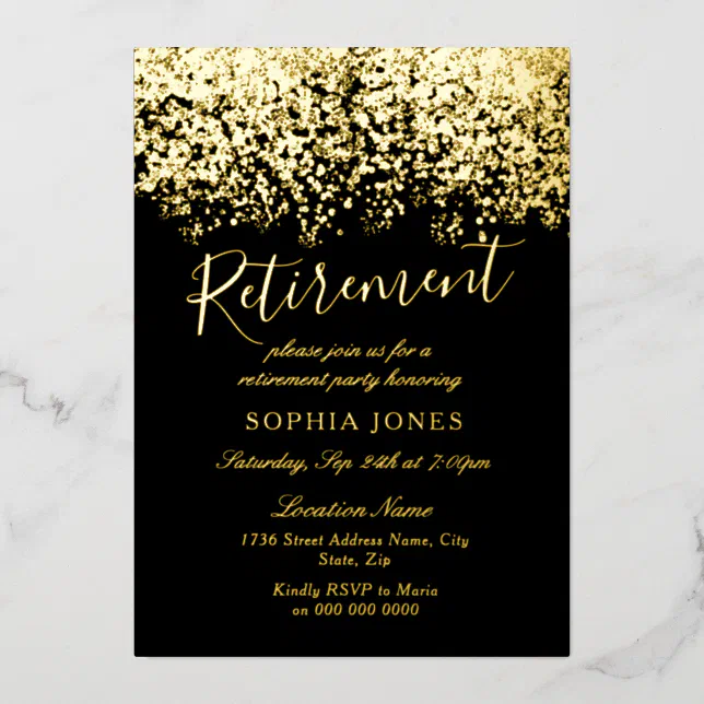 Gold Glitter Black Retirement Party Real Gold Foil Invitation | Zazzle