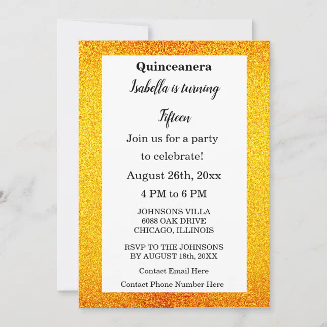 Gold Glitter Black Text Quinceanera 15th Birthday Invitation | Zazzle