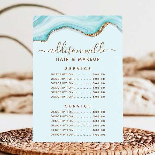 Gold Glitter Blue Marble Agate Service Price Menu | Zazzle