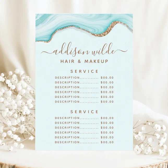 Gold Glitter Blue Marble Agate Service Price Menu | Zazzle