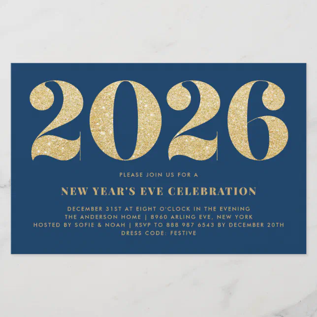 Gold Glitter Blue New Year's Eve Party Invitation | Zazzle