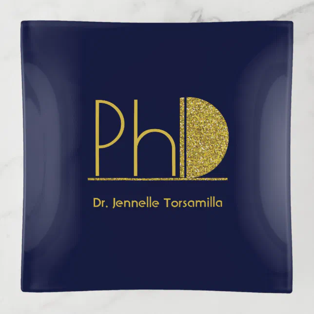 Gold Glitter Blue PhD Graduation Trinket Tray | Zazzle