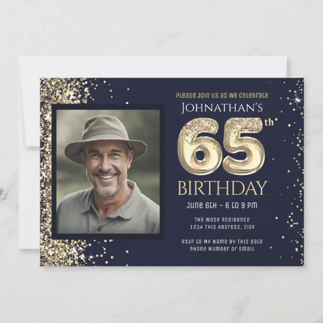 Gold Glitter Blue Photo 65th Birthday Party Invitation | Zazzle