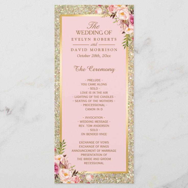 Gold Glitter Blush Pink Floral Wedding Program | Zazzle