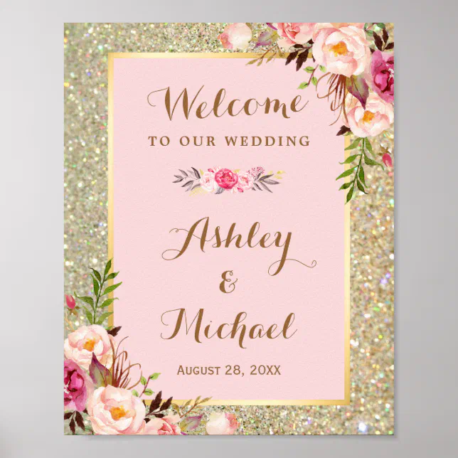 Gold Glitter Blush Pink Floral Wedding Sign | Zazzle