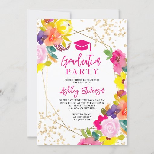 Gold glitter boho bold floral photo graduation invitation | Zazzle