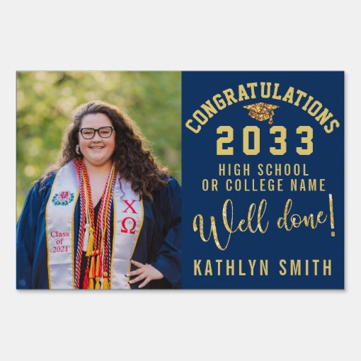 Gold Glitter Bold Script Custom Photo Graduation Sign | Zazzle