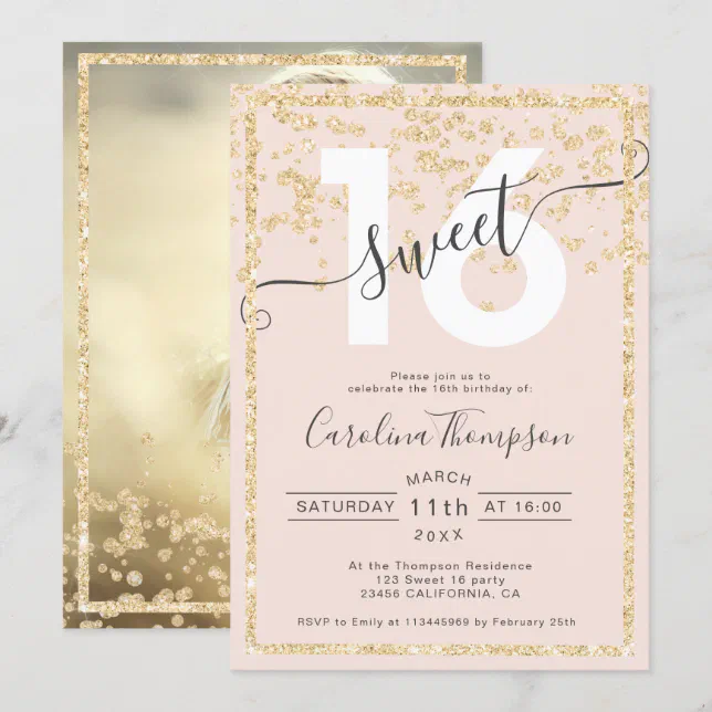 gold glitter border confetti blush Sweet 16 photo Invitation | Zazzle