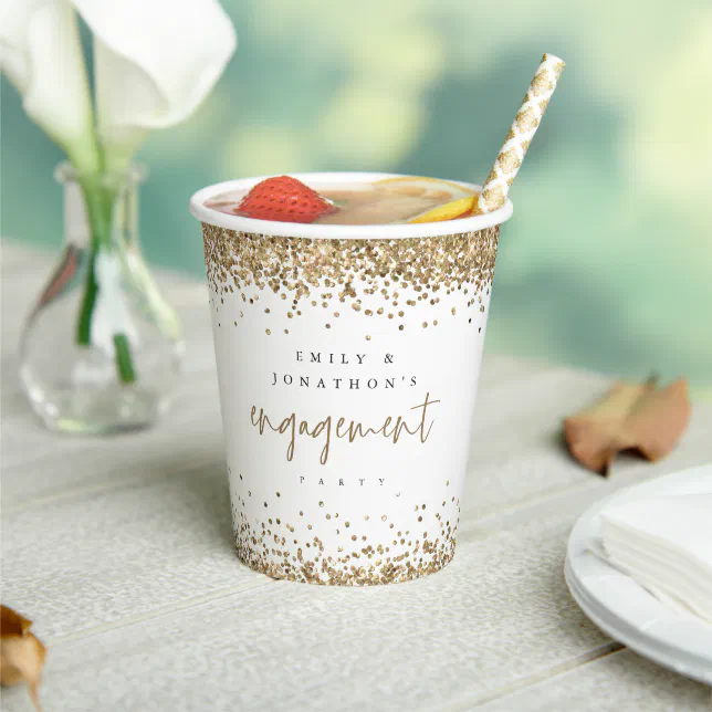Gold Glitter Border Names Engagement Party Paper C Cups | Zazzle