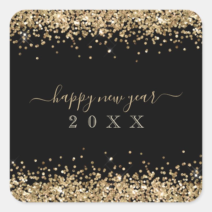 Gold Glitter Borders Happy New Year Script Black Square Sticker | Zazzle