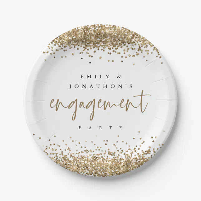 Gold Glitter Borders Names Engagement Party Paper Plates | Zazzle