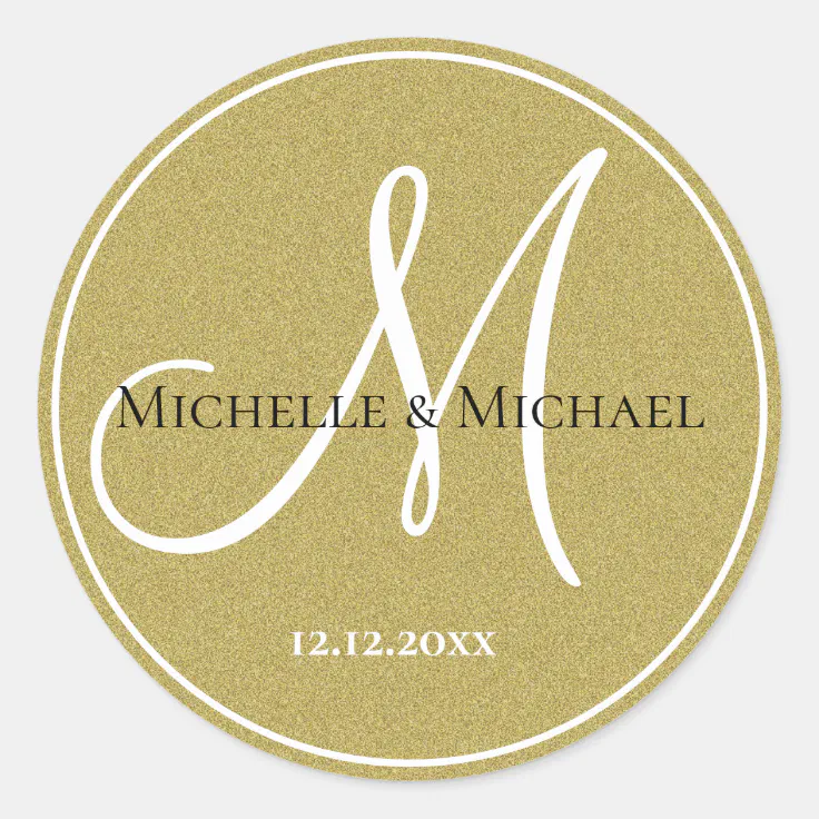 Gold Glitter Bride And Groom Wedding Monogram Classic Round Sticker ...