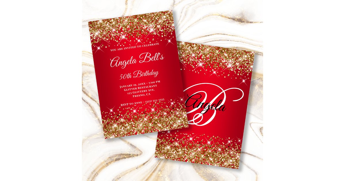 Gold Glitter Bright Red Ombre Fancy Monogram Invitation | Zazzle