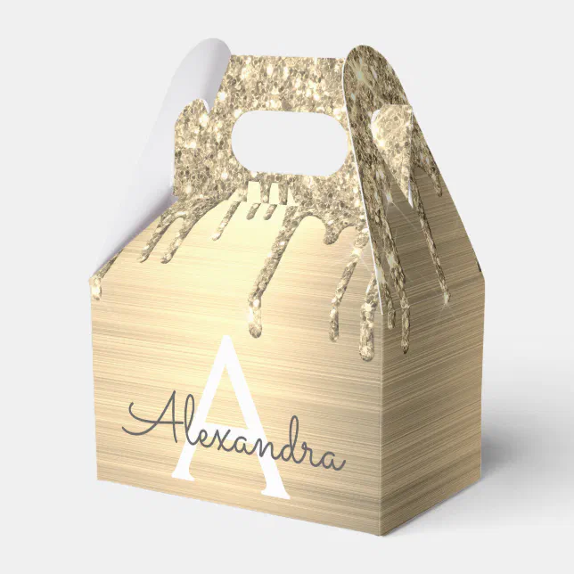 Gold Glitter Brushed Metal Monogram Name Favor Box | Zazzle