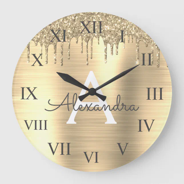 Gold Glitter Brushed Metal Monogram Name Large Clock | Zazzle