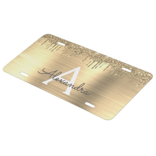 Gold Glitter Brushed Metal Monogram Name License Plate | Zazzle