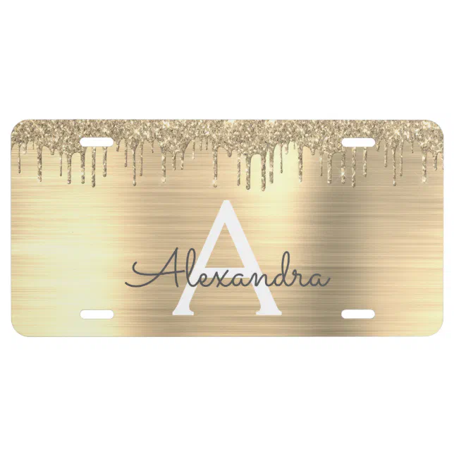 Gold Glitter Brushed Metal Monogram Name License Plate | Zazzle