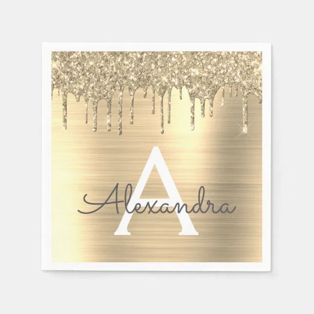 Gold Glitter Brushed Metal Monogram Name Napkins | Zazzle
