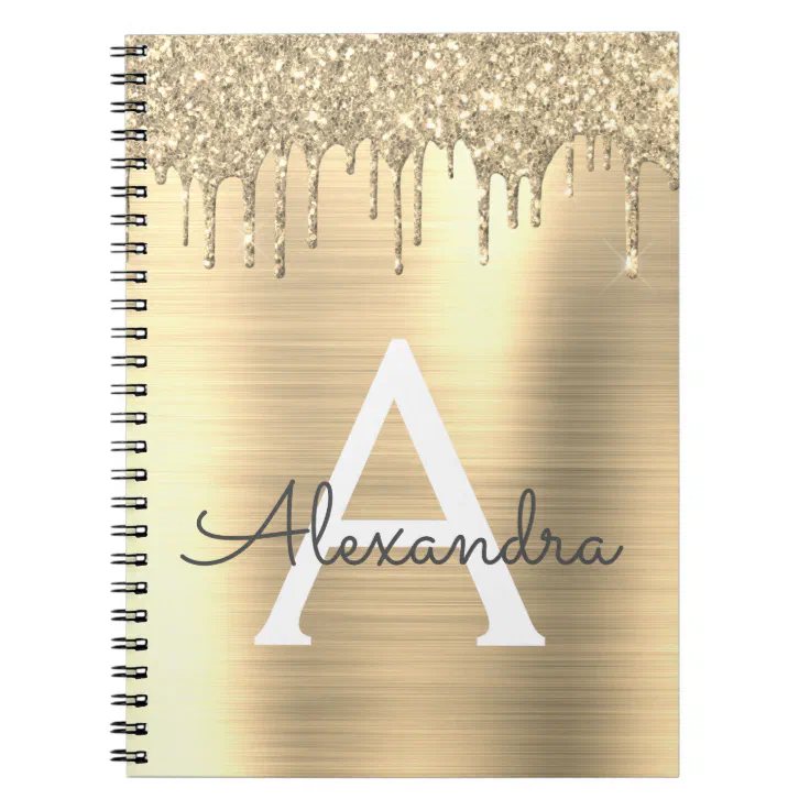 Gold Glitter Brushed Metal Monogram Name Notebook | Zazzle