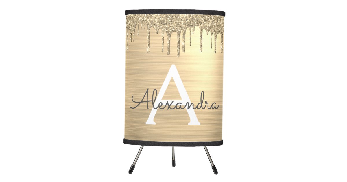 Gold Glitter Brushed Metal Monogram Name Tripod Lamp | Zazzle