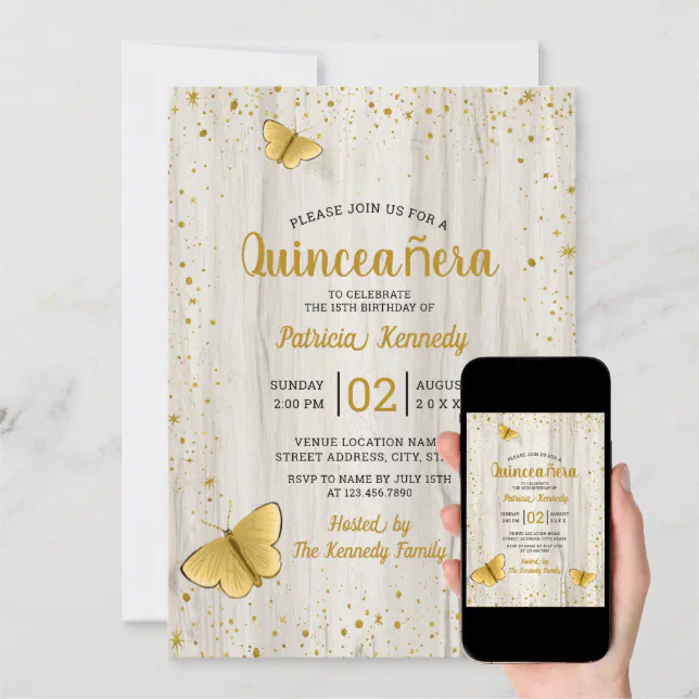 Gold Glitter Butterfly Rustic Wood Quinceanera Invitation | Zazzle
