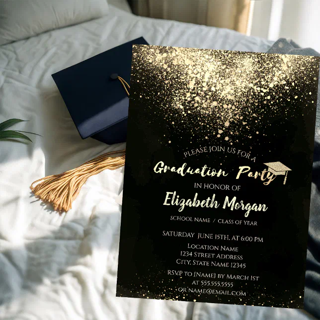 Gold Glitter Cap, Confetti Graduation Party Invitation | Zazzle