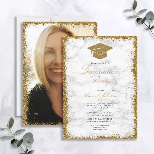 Gold Glitter Cap Marble Photo Graduation Party Invitation | Zazzle