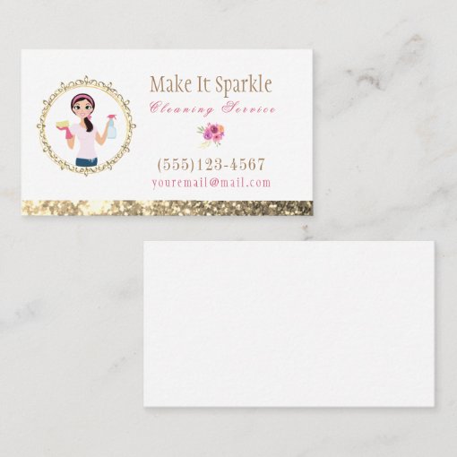 Gold Glitter Cartoon Maid Cleaning Services Business Card | Zazzle