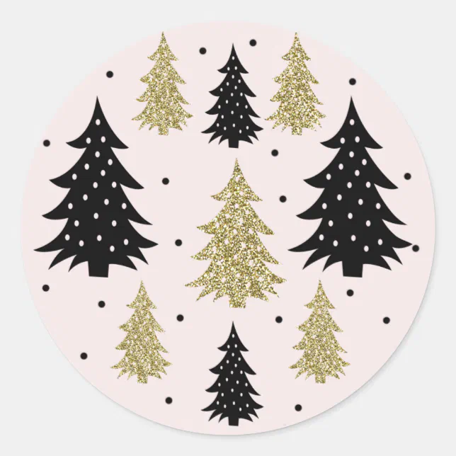 Gold Glitter Christmas Trees Blush Holiday Theme Classic Round Sticker ...