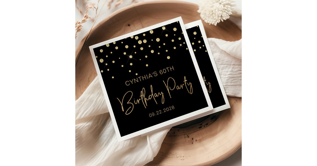 Gold Glitter Confetti 60th Birthday Party Black Napkins | Zazzle