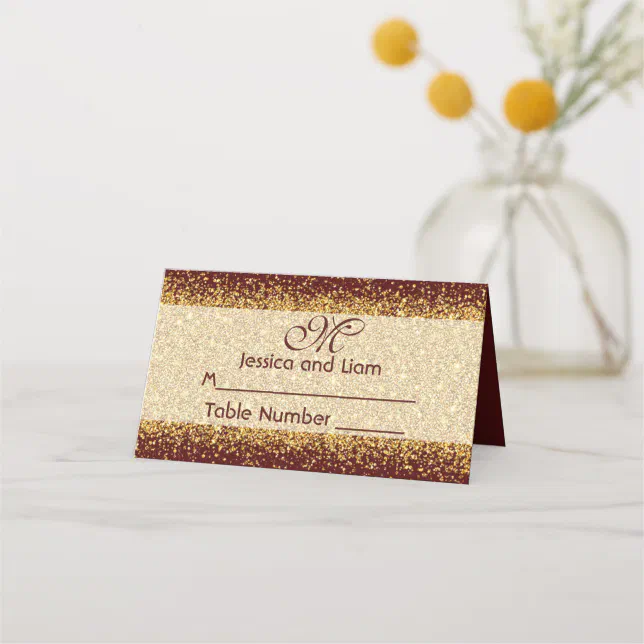 Gold Glitter Confetti and Burgundy Place Card | Zazzle
