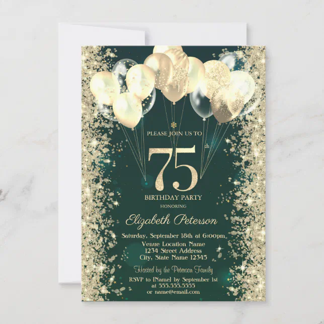 Gold Glitter Confetti Balloons Green 75th Birthday Invitation | Zazzle