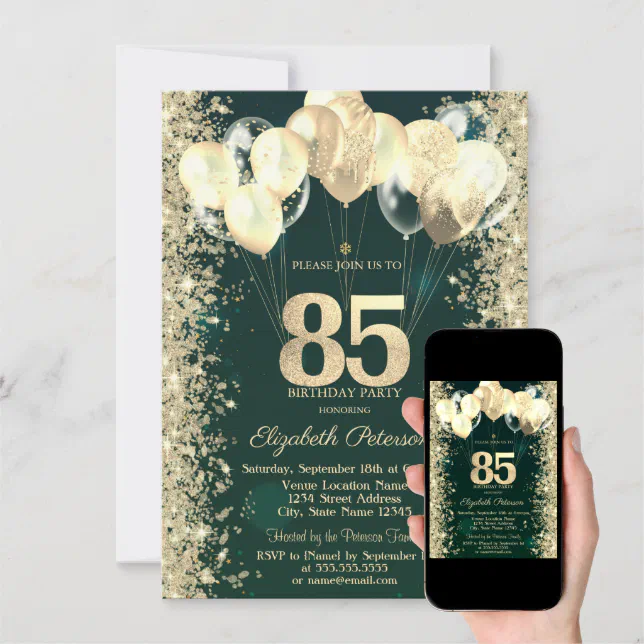 Gold Glitter Confetti Balloons Green 85th Birthday Invitation | Zazzle