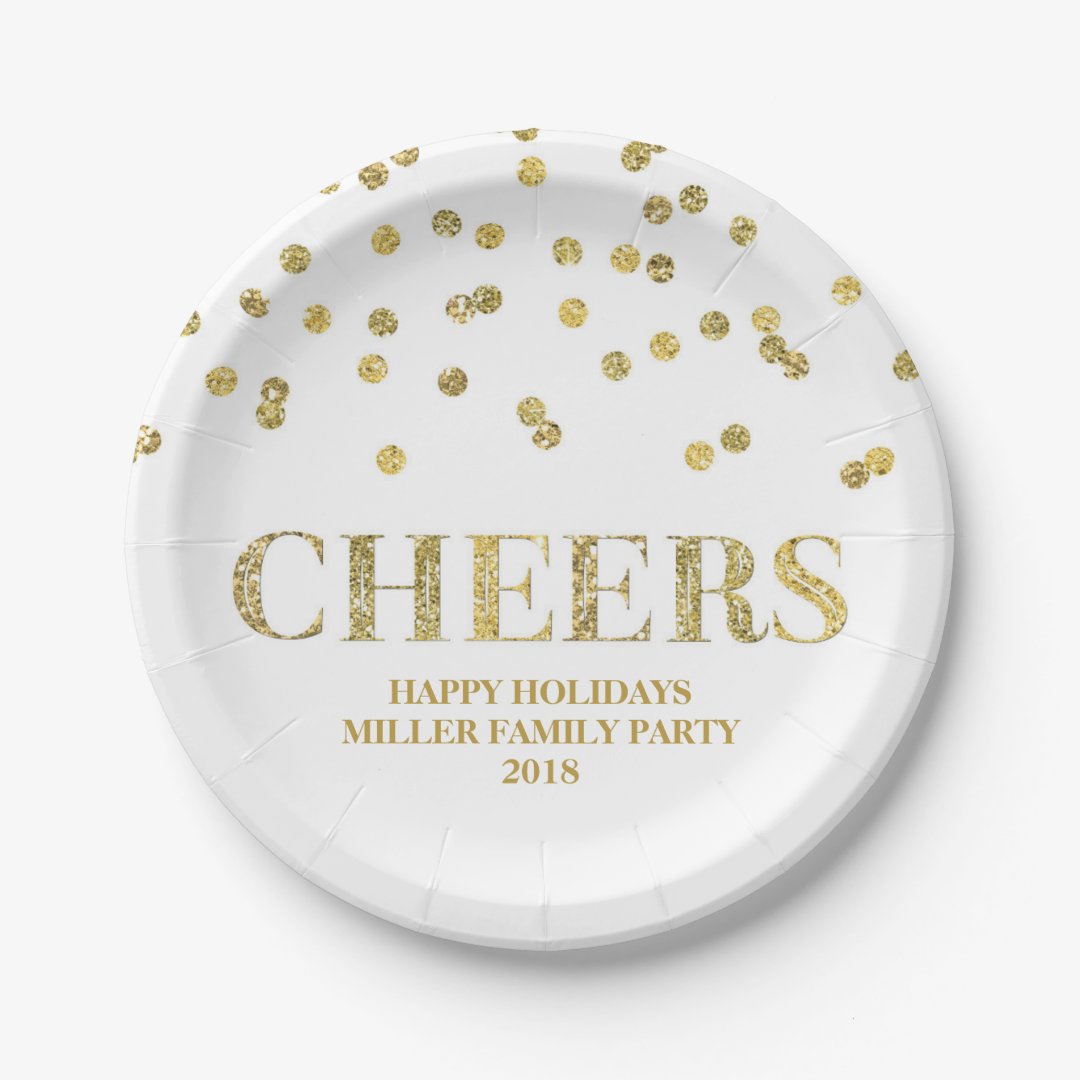 Gold Glitter Confetti Cheers Holiday Plate | Zazzle