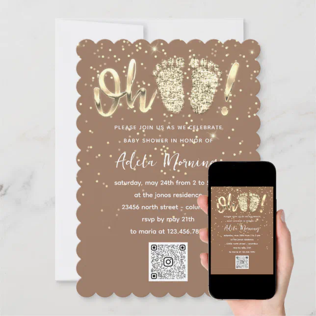 Gold Glitter Confetti Feet Baby Girl QR CODE Brown Invitation | Zazzle