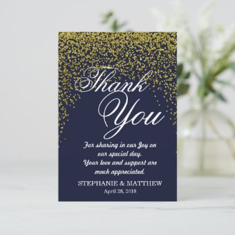 Gold Glitter Confetti Navy Blue Thank You Cards | Zazzle
