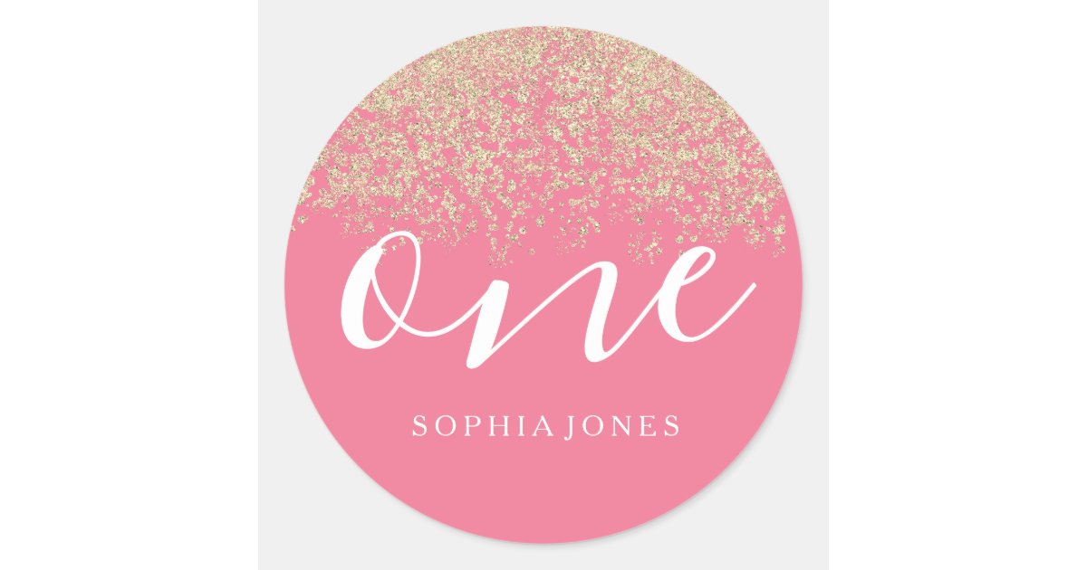 Gold Glitter Confetti pink 1st birthday party Classic Round Sticker ...