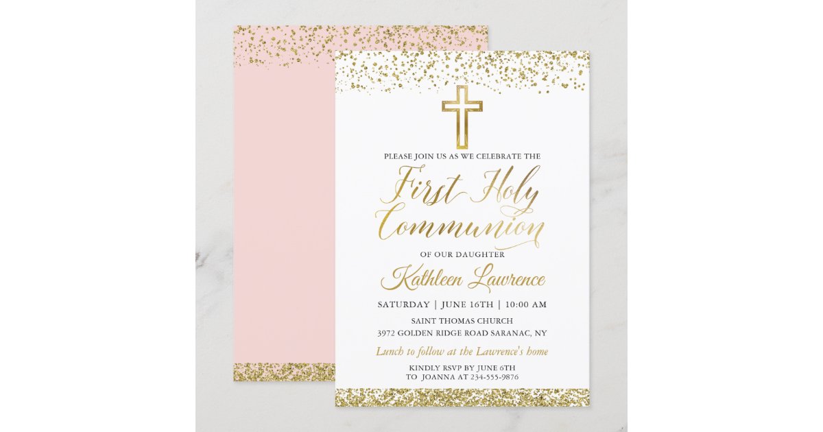 Gold Glitter Cross Script First Holy Communion Invitation | Zazzle