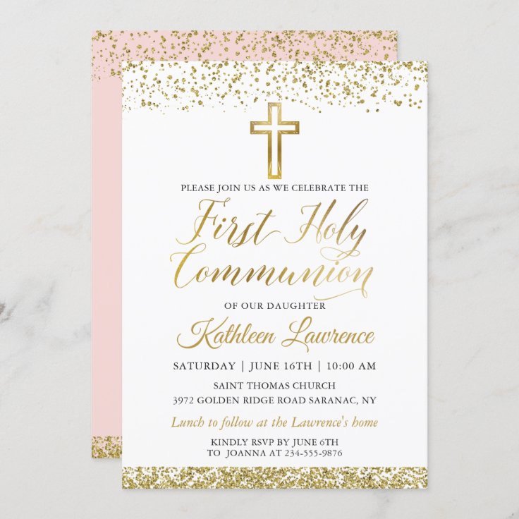 Gold Glitter Cross Script First Holy Communion Invitation | Zazzle